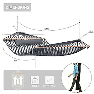 TONAHUTU 13FT Hammocks, Traditional Hand Woven Cotton Rope Hammock with Free Extension Chains for Outdoor Indoor Patio Yard 450 LSB Capacity for Two Person (Dark Grey)