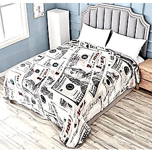 USA 100 Dollar Blanket, Traveling, Hiking, Camping, Full Queen, TV, Cabin, Couch, Bed Throw. 75" Wx90 H 3.5LBS, Reversable, Fuzzy Mink Cozy Warm Home Fashion