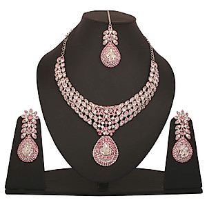 Touchstone Indian wedding jewelry sets for women necklace bollywood jewellery set pink and silver desi bridal designer necklaces earrings artificial joyeria rhinestone crystal fancy in white tone