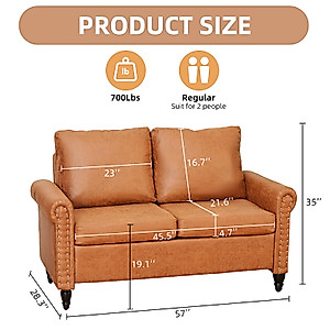J.C.UP 57 Loveseat Sofa,2 Seat Couch with Leathaire Fabric,Small Couches for Small Spaces with Solid Wood Legs,Comfy Love Seat Sofa for Living Room,Bedroom,Apartment(Brown)