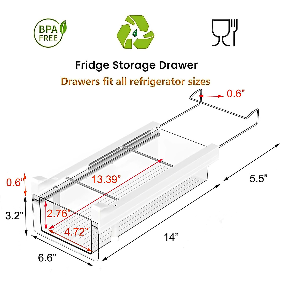 vacane Refrigerator Organizer Drawer, Clear Plastic Fridge Drawer With Handle Pull Out Fridge Bins Organizer Under Shelf Drawer for Cheese, Deli Meat, Drinks, Fruit, Vegetable, Heavy Duty-L