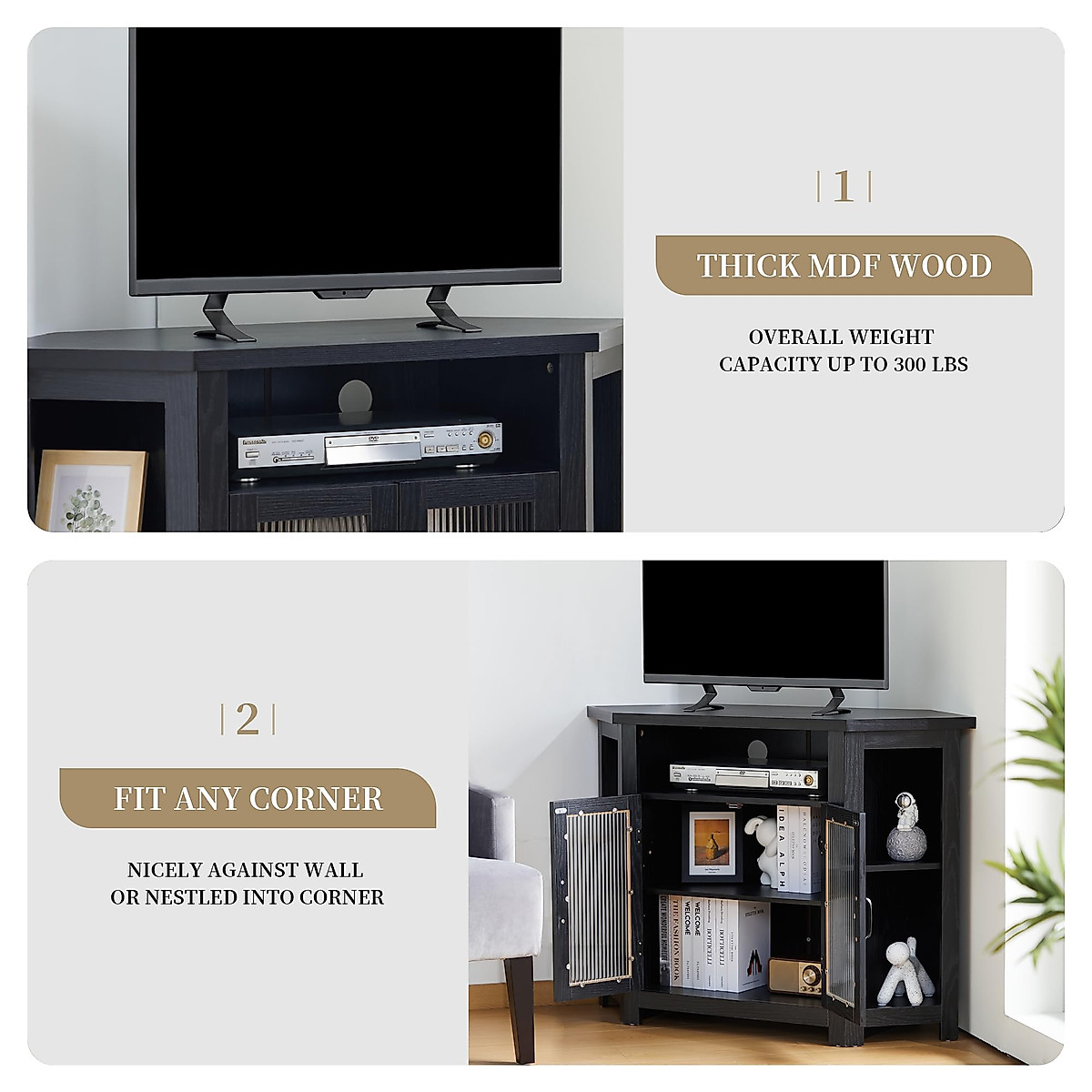 weselon Corner TV Stand for TVs up to 48 Inch, Media Entertainment Center with Storage Shelves and 2 Doors, Console Table Buffet Cabinet for Living Room Bedroom