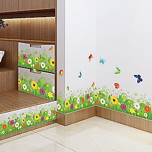 Amaom® Removable Beautiful Green Sunflower Flowers Grass with Flying Butterfly Wall Decals Murals Home Art Decor Peel Stick Wall Stickers for Wall Corner Kids Room