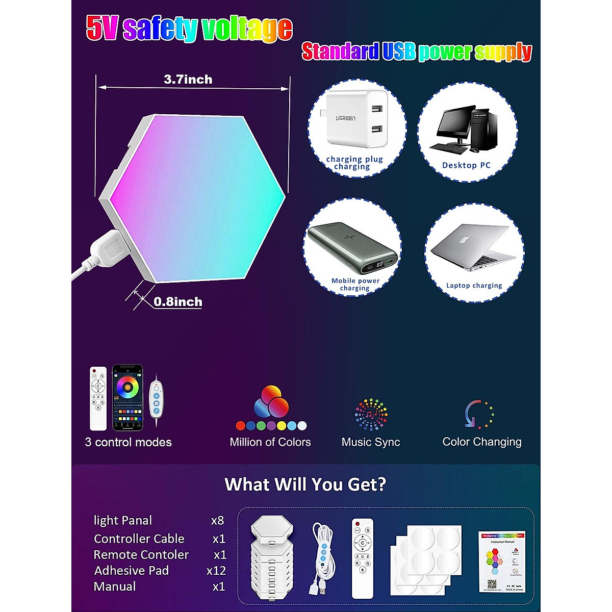 selfila Music Sync DIY Hexagon Lights - 8 Pack Smart APP and Remote RGB Wall Light Hexagonal Modular Gaming Light Honeycomb Shape Panels LED Lights for Bedroom Children Room Decor