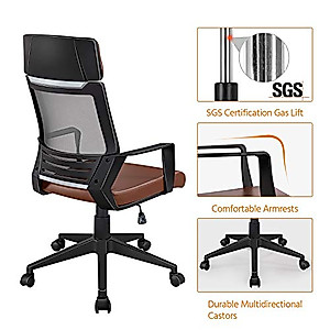 Yaheetech Mesh Leather Executive Chair with Lumbar Support, Office Chair Ergonomic Desk Chair High Back Mesh Computer Chair with Backrest and Headrest, Task Chair with Wheels for Women Adults, Brown