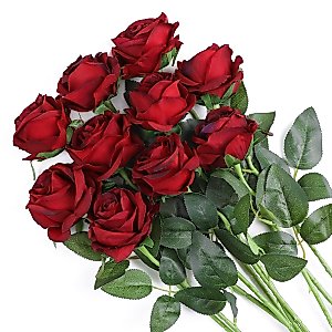 Veryhome Artificial Flowers Silk Roses Real Touch Bridal Wedding Bouquet for Home Garden Party Floral Decor 10 Pcs (Blooming Rose - Gradient Burgundy Red)