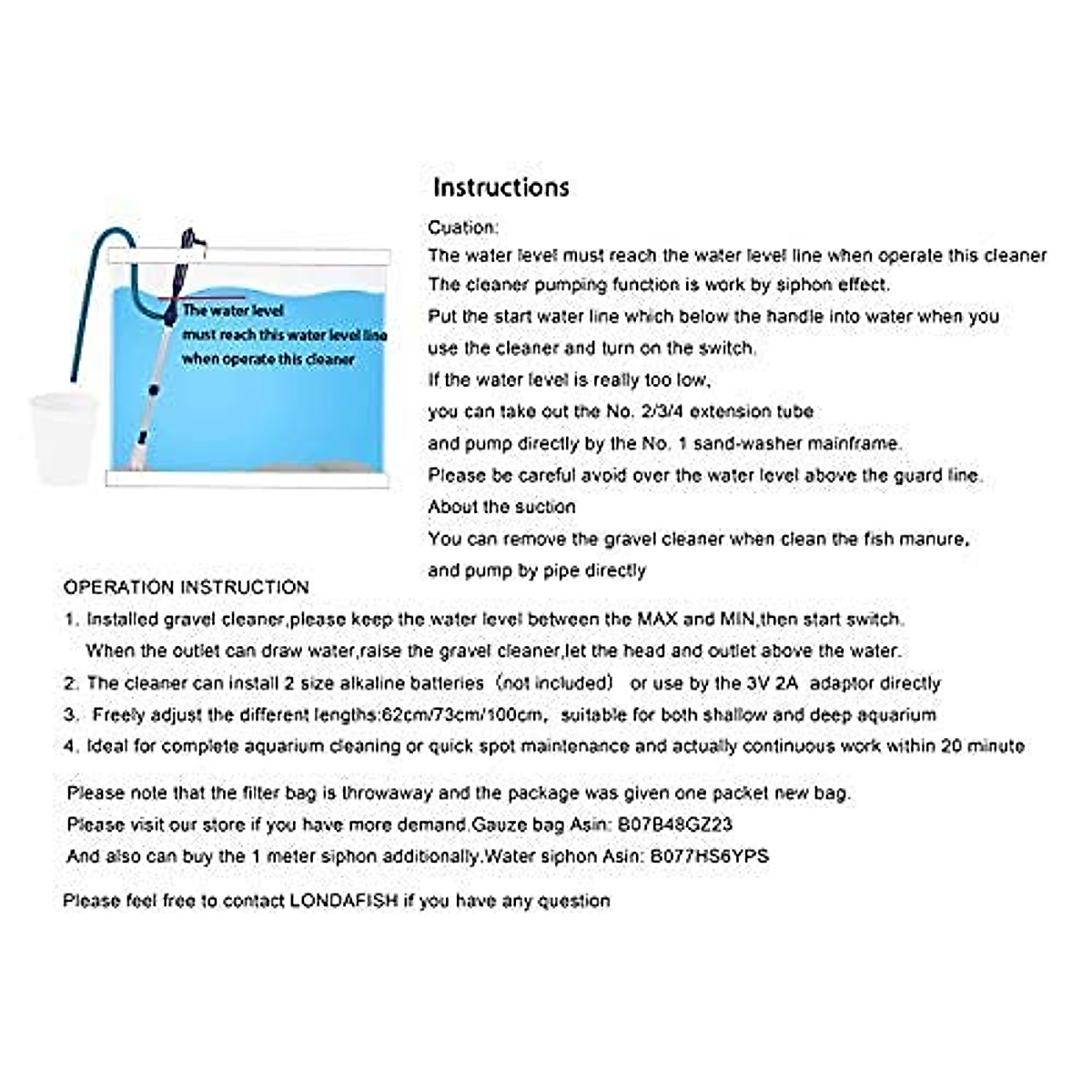 LONDAFISH Electric Fish Tank Vacuum Cleaner Syphon Operated Gravel Water Filter Cleaner Sand Washer