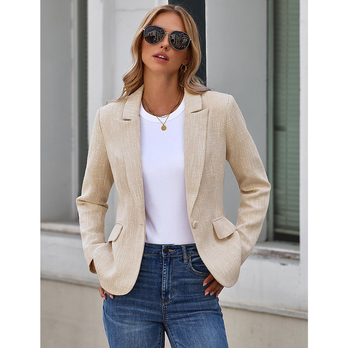 luvamia Tweed Blazers for Women Business Casual Dressy Blazer Jacket Blazers for Women Business Casual Women Blazers for Work Professional Work Clothes for Women Beige Size Small Fits Size 4 / Size 6