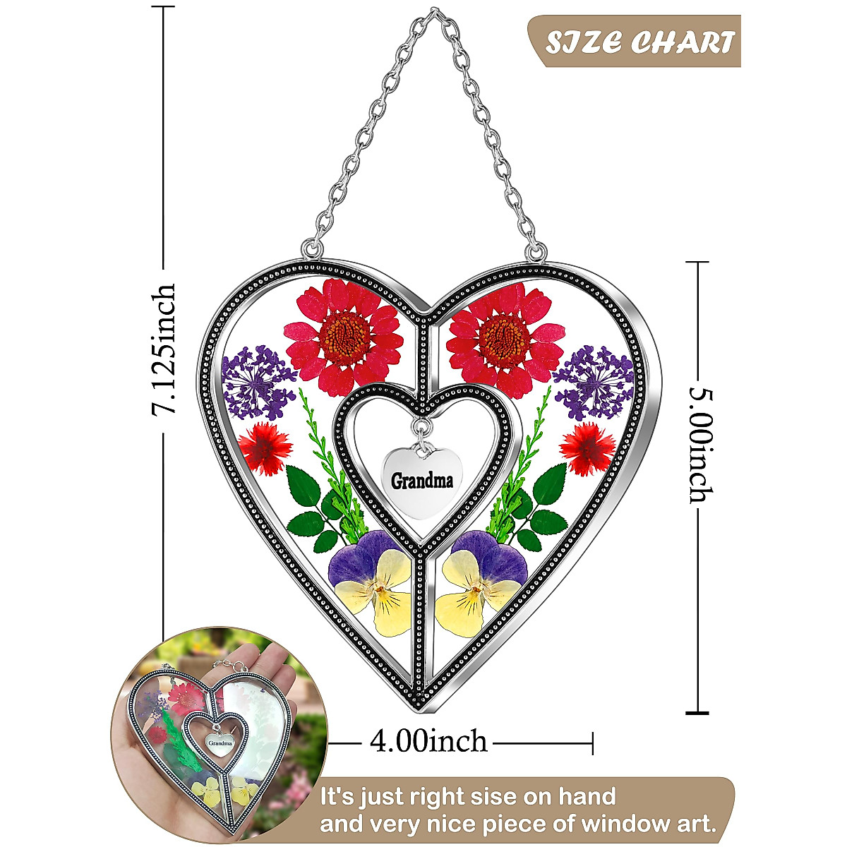 KY&BOSAM Heart Suncatchers Grandma Gift Ornament Stained Glass Sun Catcher Garden hangings Windows with Pressed Flower Heart Embedded in Glass Gifts for Grandma Mother`s Day Birthday Gifts