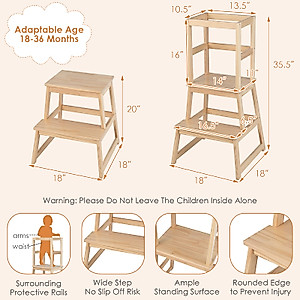 HONEY JOY Kids Kitchen Step Stool with Safety Rail, Wooden Montessori Standing Tower for Counter Bathroom Sink, Non-Slip Mat, Children Learning Stepping Stool for Toddlers 18+ Month