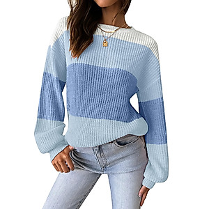 ZESICA Women's Casual Fall Long Sleeve Crew Neck Striped Color Block Loose Fit Soft Knit Oversized Sweaters Pullover Tops,Blue,Large