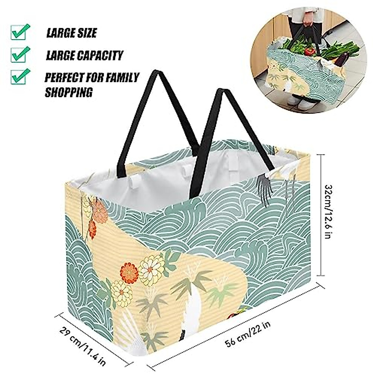 KQNZT Reusable Grocery Bags, Heavy Duty Reusable Shopping Bags, Large Tote Bags with Long Handles and Reinforced Bottom, Japanese Style Wave Crane