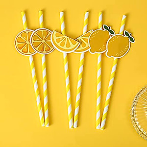 Lemon Biodegradable Paper Straws，Lemon Birthday Party Striped Decorative Straws - Set of 20.
