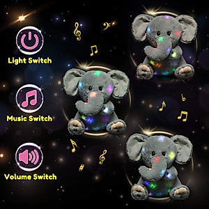 Hopearl LED Musical Stuffed Elephant Lighting Up Singing Plush Toy Adjustable Volume Lullaby Animated Soothe Birthday Festival for Kids Toddler Girls, Gray, 11''