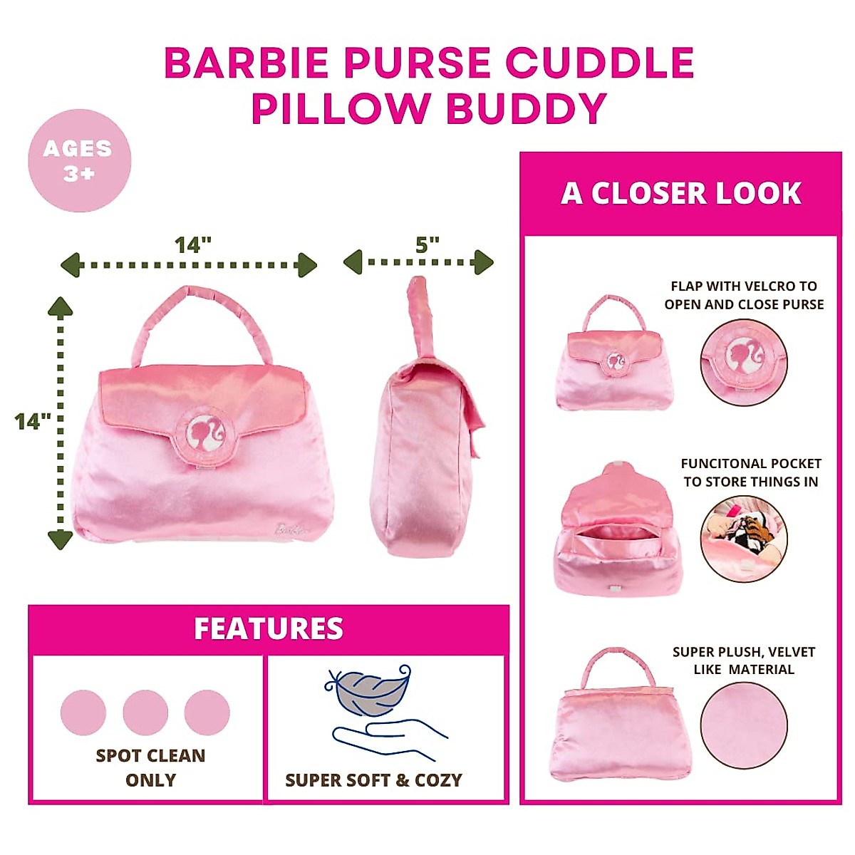 Franco Barbie Purse Pillow Bedding Super Soft Plush Pink Purse/Bag Shapped Cuddle Pillow Buddy, (100% Official Licensed Barbie Product)