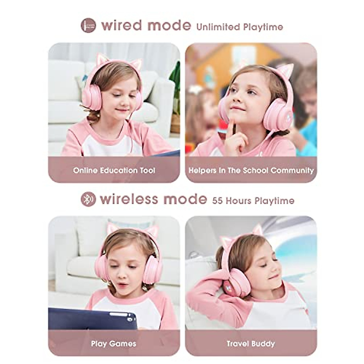 ONITOON Cat Ear Bluetooth Headphones with Micphone for Kids & Adults, LED Light Up Wireless HI-FI Sound Quality, Over-Ear Headphones with Volume Control for iPhone/iPad/Laptop/PC(55H Play Time)