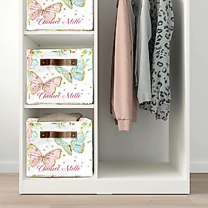 Floral Butterfly Pink Personalized Storage Bins Custom Baskets Cubes Organizer With Handle for Home Nursery Supplies Clothes Toy 1 Pack