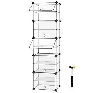 SONGMICS Shoe Rack, 10-Slot Storage Organizer Unit with Doors, Portable Cube Shoe Storage Organizer, Plastic Modular DIY Storage Shelf, Closet Divider for Clothes Bags Toys, Transparent ULPC506T01