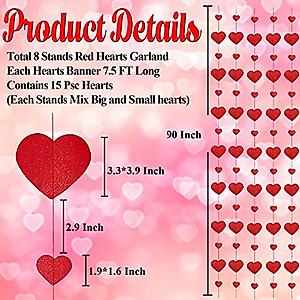 GETTERB 8 Pack Red Heart Garland Banner Mother's Day Decorations, Two Size Red Heart Hanging Streamers Red Glitter Paper for Valentine's Day Mother's Day Wedding Bridal Birthday Party