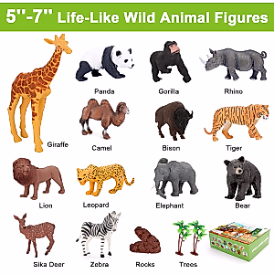Tudoccy Safari Animals Figures Toys - 13 Realistic Wild Plastic Animal Figurines & Kids Sound Book - Educational Learning Toys Gift for 3 Years Old & Up Boys Girls Toddlers