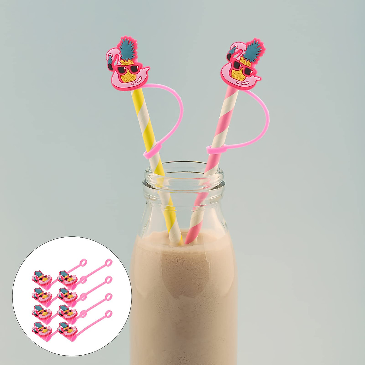 GLEAVI 8pcs Straw Tips Cover Flamingo Shape Straw Toppers Straw Plugs Silicone Straw Tips Caps for Resuable Straws Protector Decoration