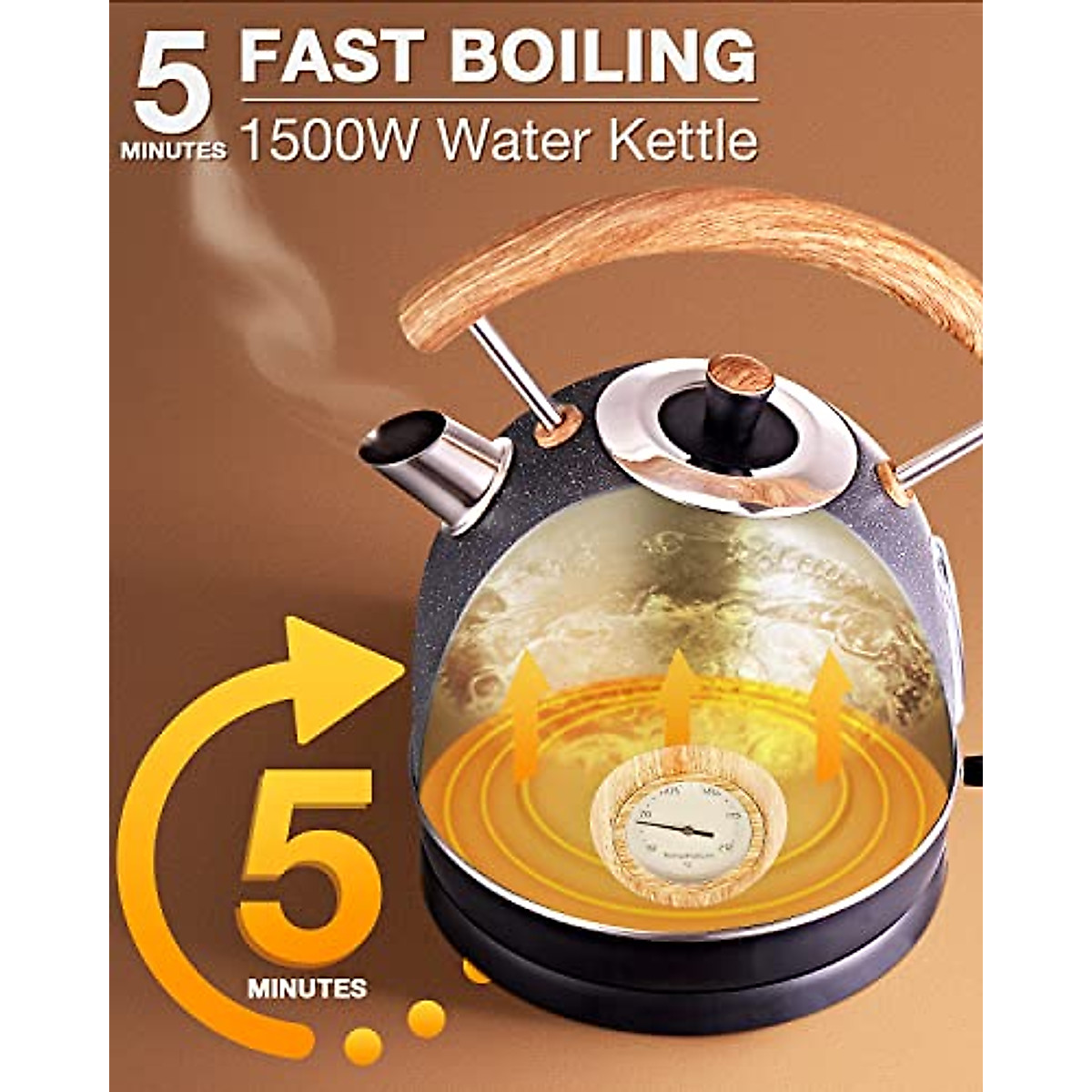 Electric Kettle - 1.7L Retro Tea Kettles for Boiling Water, Nature Stone Finish SMOLON Hot Water Boiler Teapot with Wood Pattern Handle, Food Grade Stainless Steel, Temperature Control, Auto Shut-off