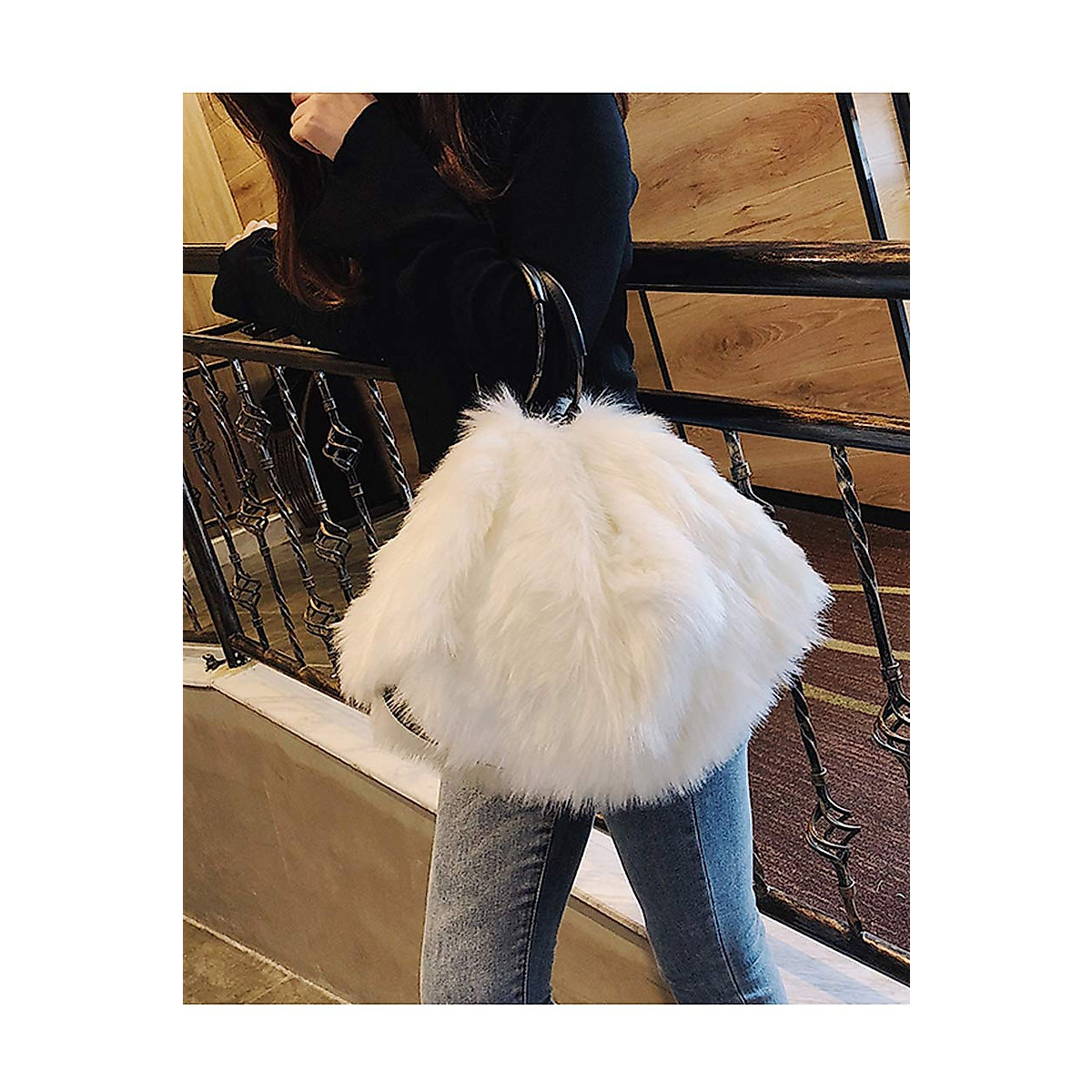 Ulisty Women Faux Fox Fur Shoulder Bag Furry Purse Fluffy Crossbody Bag Plush Top Handle Bag Handbag black