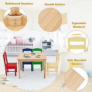 KOTEK Kids Wood Table and 4 Chair Set, Children Multi Activity Table for Learning, Playing, Drawing, Toddler Picnic Table and Chairs Set for Home, Classroom and Daycare (Assorted)
