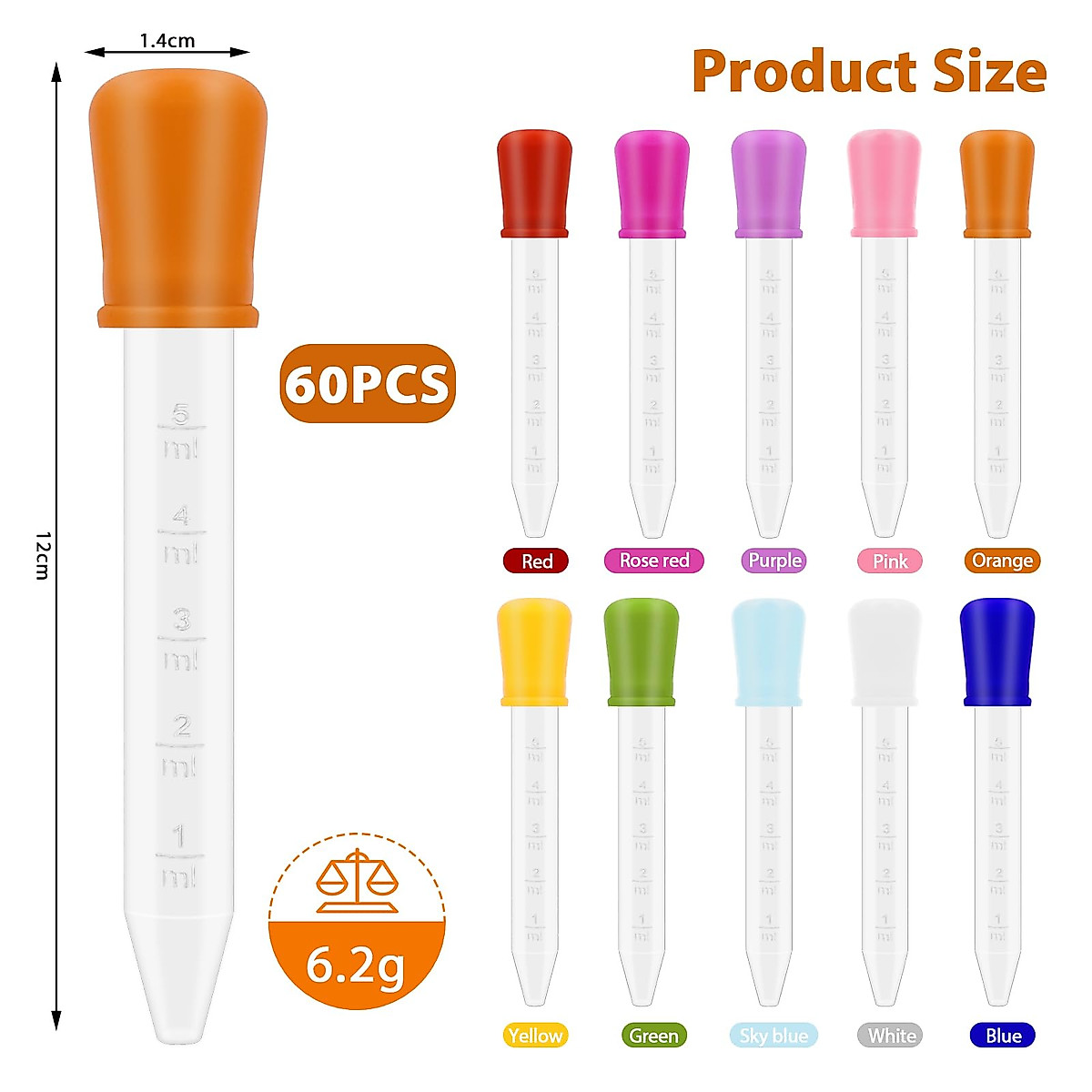 CXIIPOL 60PCS 5ml Liquid Dropper with a Clean Brush, 10 Color Silicone Liquid Dropper with Bulb Tip, Clear Eye Dropper Medicine Dropper for Kid Crafts Mold Gummy Making Kitchen Oil Science