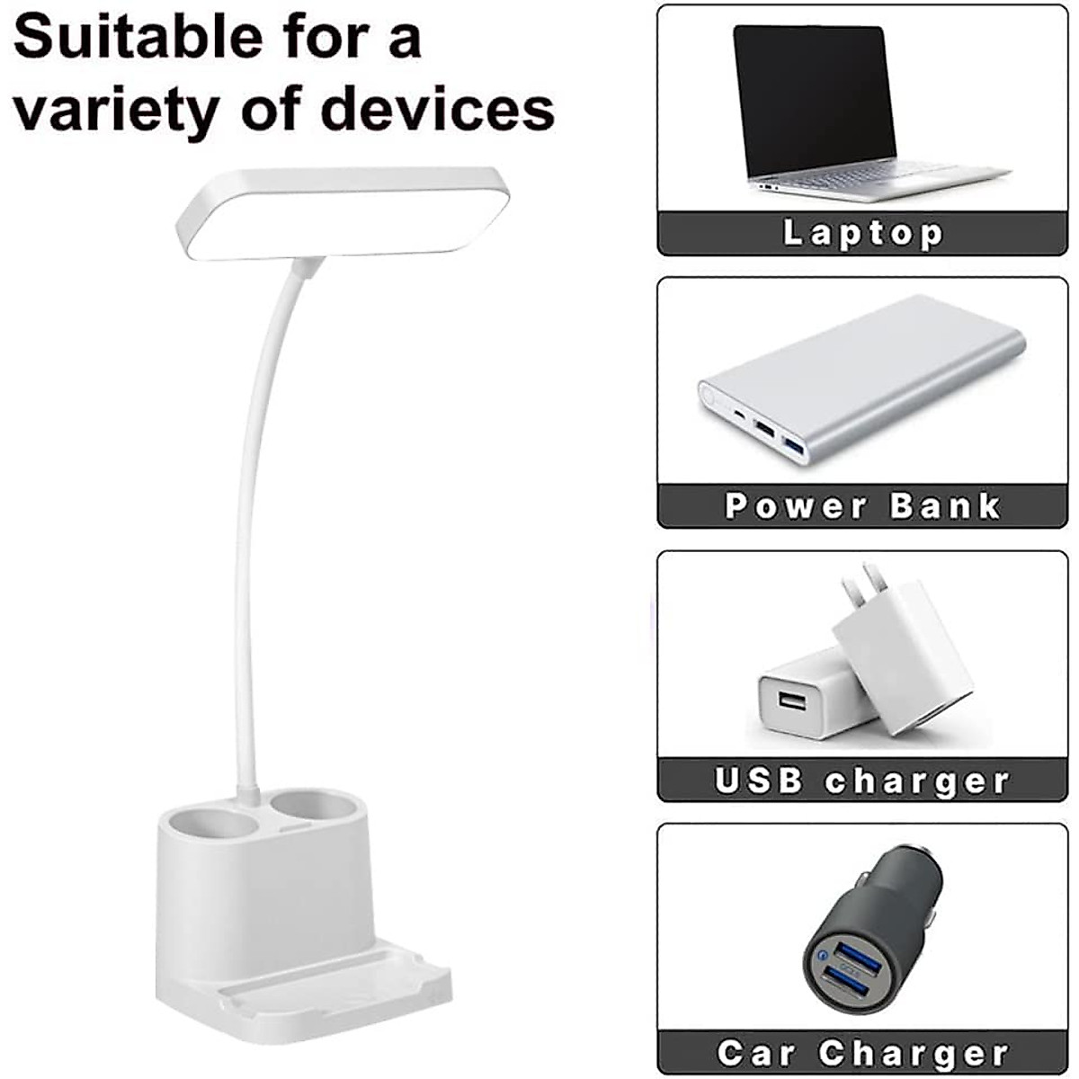 Bovmics LED Desk Lamp with 2 USB Charging Port and 3 AC Outlet, 3 Color Temperatures,Adjustable Neck, On/Off Switch,Eye-Caring Home Office Foldable Table Lamp (White)