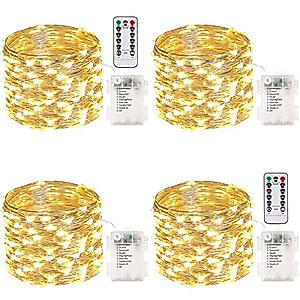 4-Pack 33FT 100 LED Fairy Lights Battery Operated with Remote & Timer, Waterproof String Lights Outdoor Indoor Bedroom Decor, 8 Mode Twinkle Lights for Girl Room Xmas Party Wedding Garden (Warm White)