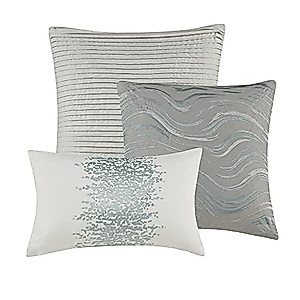 Madison Park Emory Cozy Cotton Comforter Set, Modern Marble Design All Season Down Alternative Casual Bedding with Matching Shams, Decorative Pillows, Queen(90"x90"), Grey 7 Piece