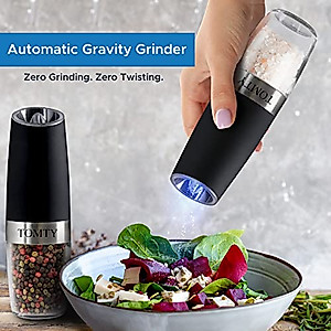 (2 Pack) Gravity Electric Salt and Pepper Grinder Set Battery Operated One Hand Automatic Operation, Adjustable Coarseness Mill Grinders Shakers LED Light Stainless Steel, Kitchen Gadgets Gifts Ideas