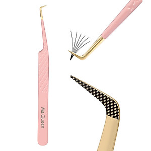 Ms.Queen Lash Extension Tweezers,Diamond Grip 90 Degree False Lashes Tweezers 3D 6D Mink Eyelash Make Fans