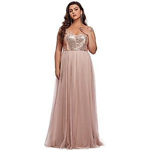 Ever-Pretty Women's Cap Sleeve Sequin Plus Size A-line Tulle Wedding Party Dress Long Rose Gold US24