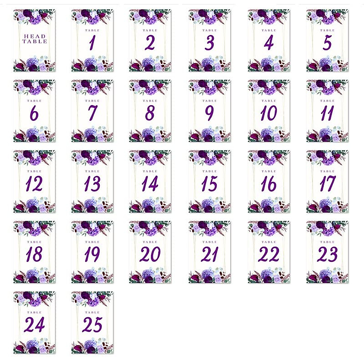 SLS Vision Table Number Cards for Wedding or Other Events. 4x6 Inches, Double-Sided, Numbers 1-25 Plus Head Table Card, Made in USA. Purple Bliss.