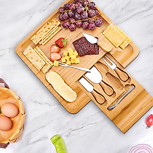 Utoplike Cheese Board Set, Bamboo Charcuterie Boards Server, Large Chacutery Platter Serving Tray with 4 Stainless Steel Knife Folks in Drawer, Perfect for Birthday, Housewarming