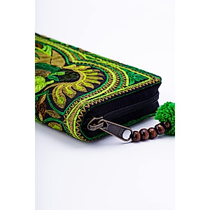 changnoi Unique Handmade Women's Wallet Thai Hmong Embroidered Fabric (Bird Green)