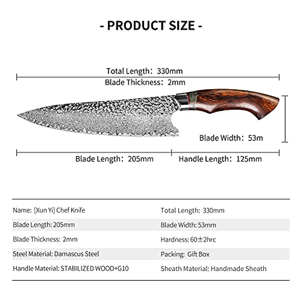 FZIZUO 8 inch damascus steel japanese chef knife,professional handmade desert Ironwood stabilized wood handle with sheath,cooking knives in home or restaurant kitchen