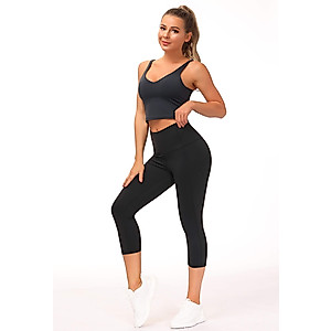 THE GYM PEOPLE Thick High Waist Capris Yoga Pants with Pockets, Tummy Control Workout Running Yoga Leggings for Women Black