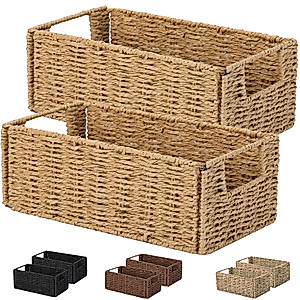 Vagusicc Wicker Storage Basket, Set of 2 Hand-Woven Paper Rope Small Storage Organizer Baskets Bins with Handles, Toilet Paper Baskets Small Wicker Baskets for Organizing Toilet Shelves, Natural