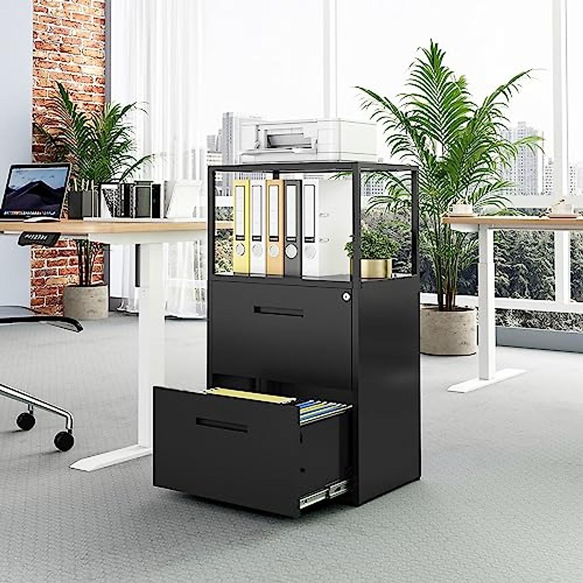 Fesbos File Cabinet with Shelves & 2 Lockable Drawers - Home Office Lockable Lateral Filing Cabinet for Hanging Files Letter/Legal/F4/A4 Size - Assembly Required