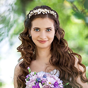 Oriamour Gold Bridal Headbands Wedding Headpieces With Ceramic Flowers Wide Pearl Wedding Hair Accessories For Women And Girls