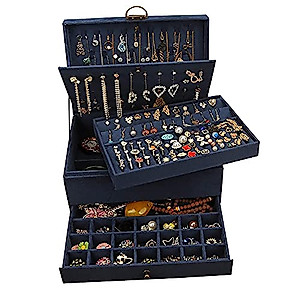 GYJOYERO Jewelry Box Jewelry Earrings Organizer Women Girls 4 Layers with Drawer Necklaces Rings Watches Display Case Storage Lockable GY708 (Navy)