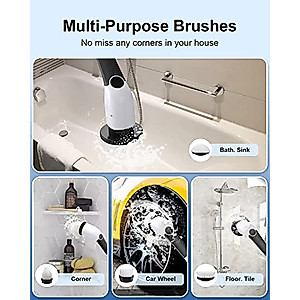 Electric Spin Scrubber, Leebein 2023 Cordless Cleaning Brush with 8 Replaceable Brush Heads & Adjustable Extension Handle & 3 Rotating Speeds, Power Cleaning Brush for Bathroom/Tub/Floor/Tile/Car