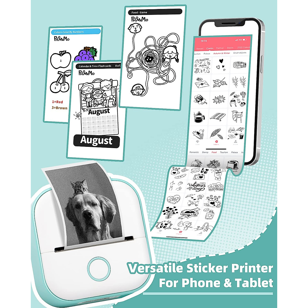 Memoking T02 Portable Small Printer with 3 Rolls Paper, Sticker Printer Machine for Study, Notes, Pictures, Photos, Journals, DIY and White Sticky Paper