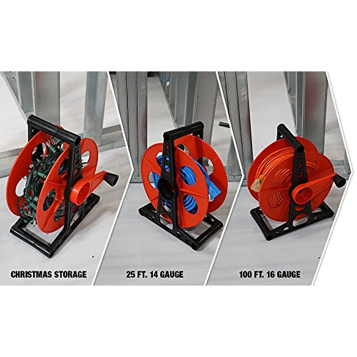 Woods E103 E-103 Wheel, Holds Up to 150 16/3 Extension 125 Feet of 14/3 Gauge Cord, Holiday, Rope, Hose Reel Storage and Light Wire, Heavy Duty Plastic, red and black