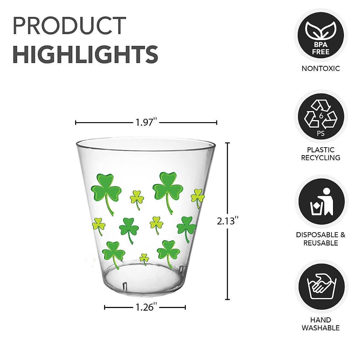 Party Essentials 40Count Hard Plastic 2 oz Printed Shot Glasses, Shamrocks, Clear