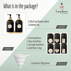 LOOCHICA Do It Yourself 2 Pack Black Glass Soap Dispenser Set with Bamboo Tray, Matte Black Soap Dispenser Suitable for Kitchen Sink, Bathroom, Rustic Kitchen Décor