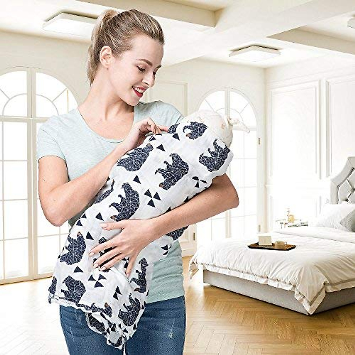 HGHG Cute Organic Cotton Muslin Swaddle Blankets Premium Receiving Blanket for Boys & Girls 47" x 47" Baby Bear Blanket